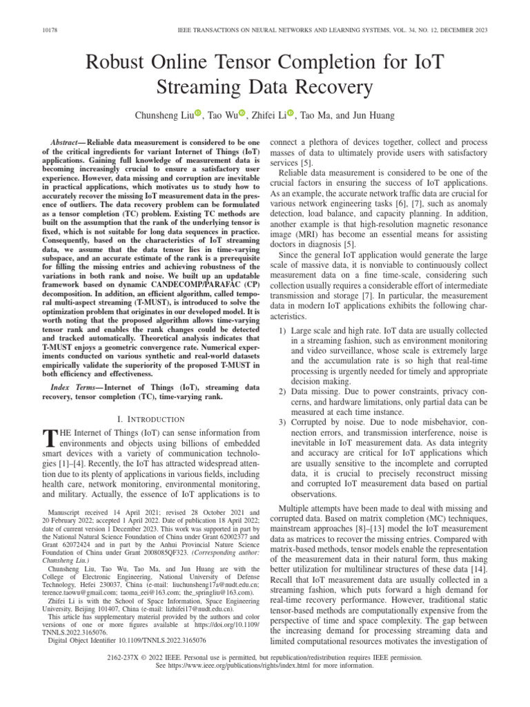 Robust Online Tensor Completion for IoT Streaming Data Recovery | PDF | Internet Of Things ...