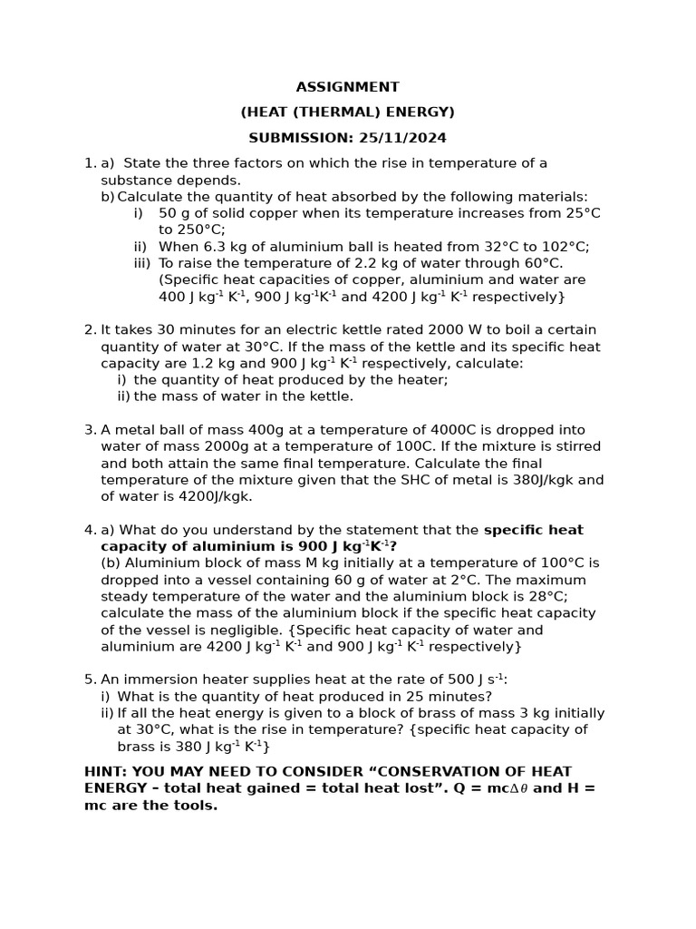 Specific Heat Capacity Calculations | PDF