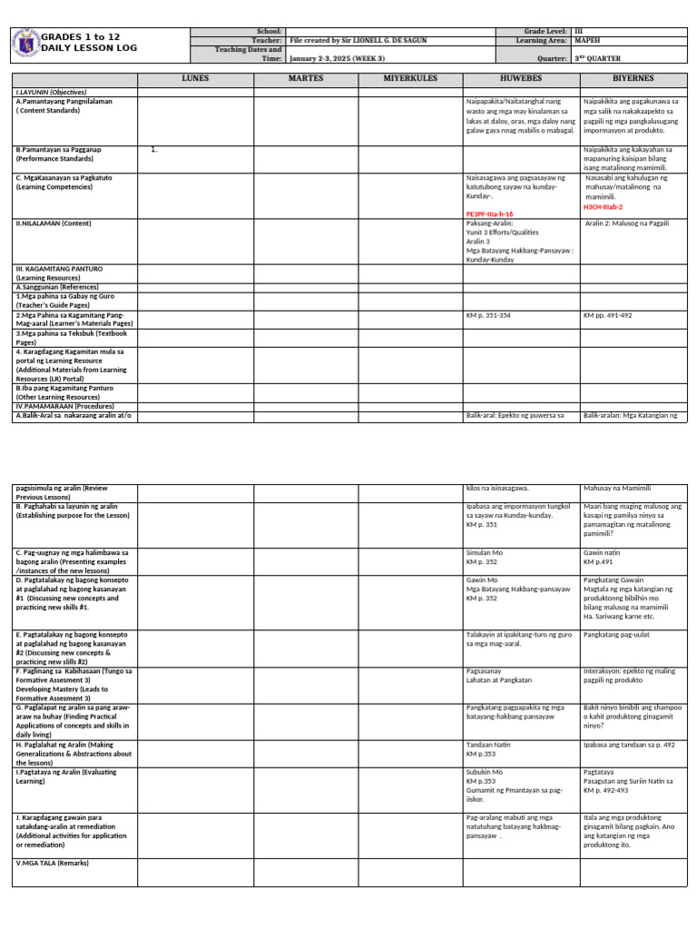 DLL - Mapeh 3 - Q3 - W3 | PDF