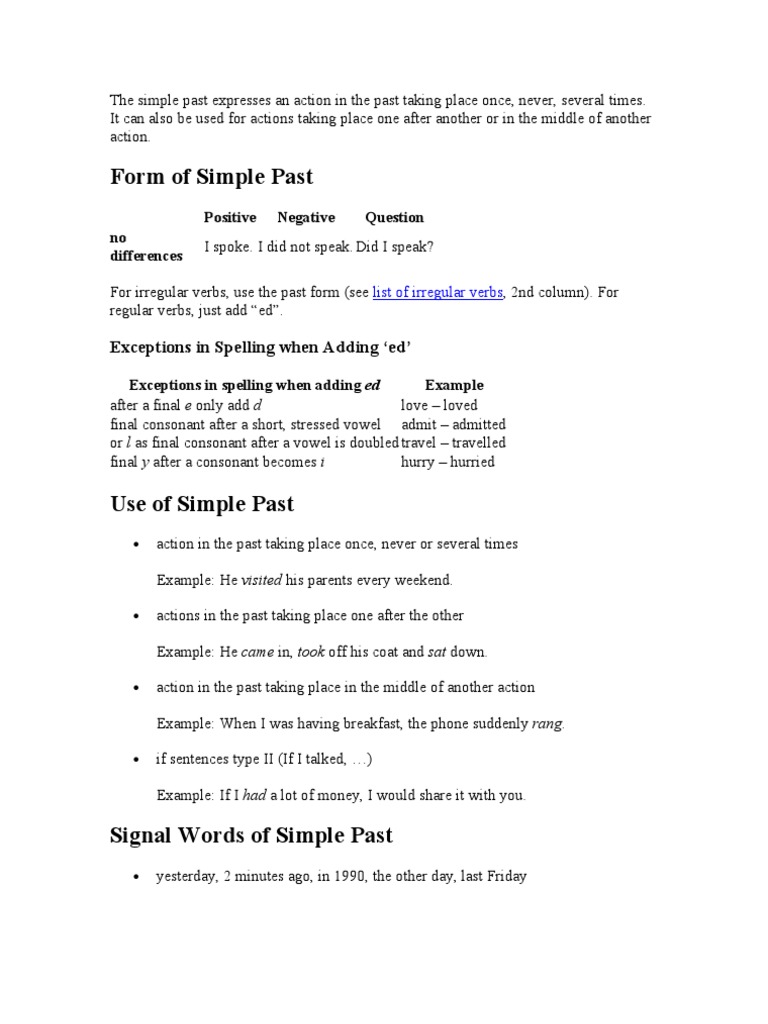 Form of Simple Past: Exceptions in Spelling When Adding Ed' | PDF ...