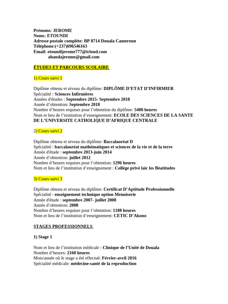 CV de Jérôme Etoundi, Infirmier | PDF | Allaitement | Soins de santé