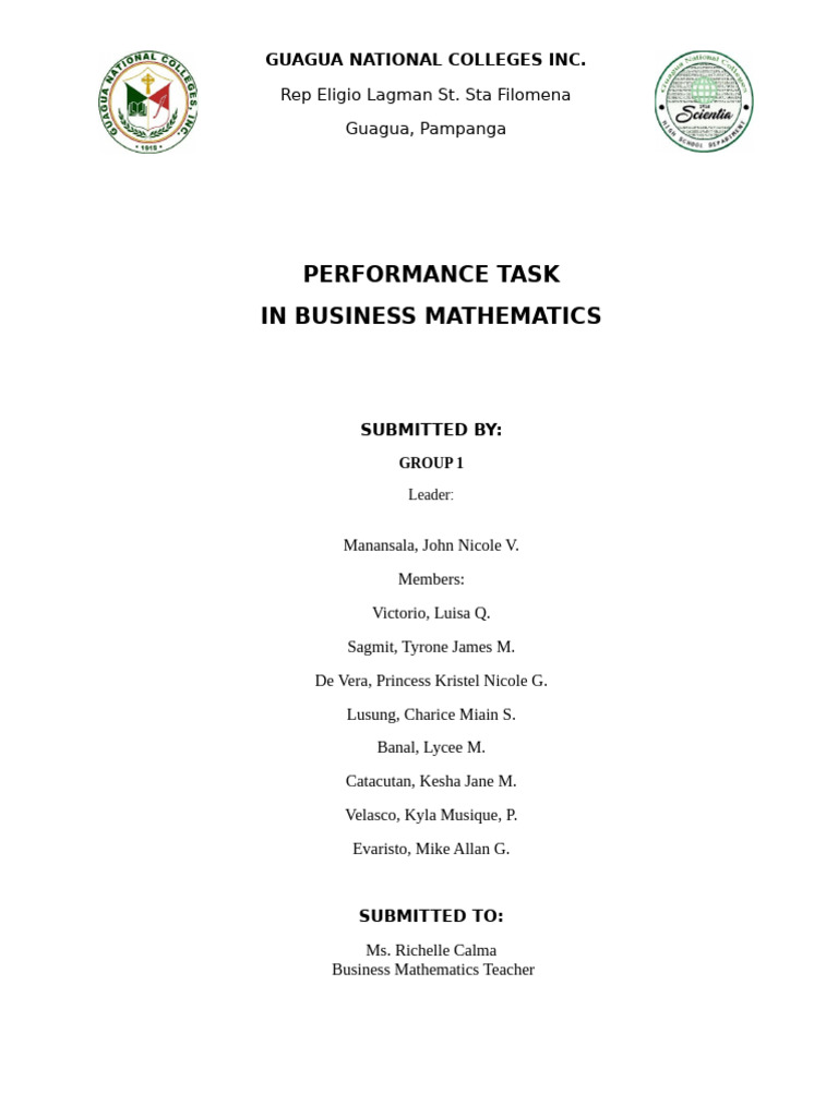 Performance Task in Business Mathematics: Rep Eligio Lagman St. Sta ...