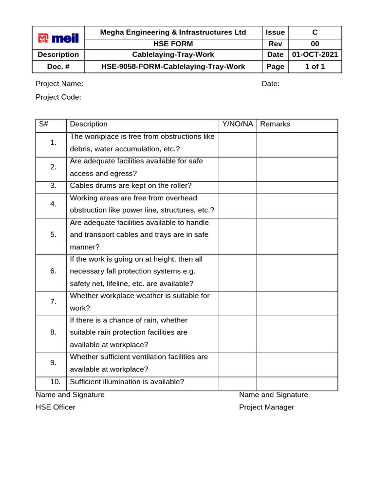 HSE 9058 FORM Cablelaying Tray Work 00 | PDF
