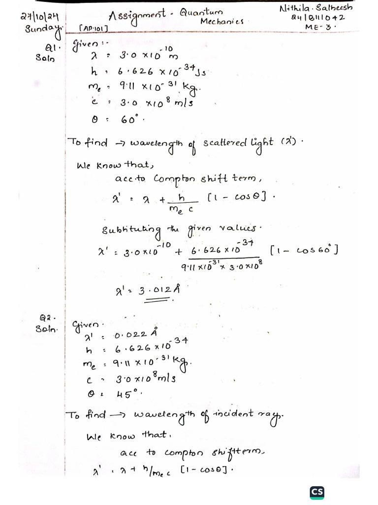 Physics Quantum Mechanics Assignment Answer | PDF Physics Quantum Mechanics Assignment Answer | PDF
