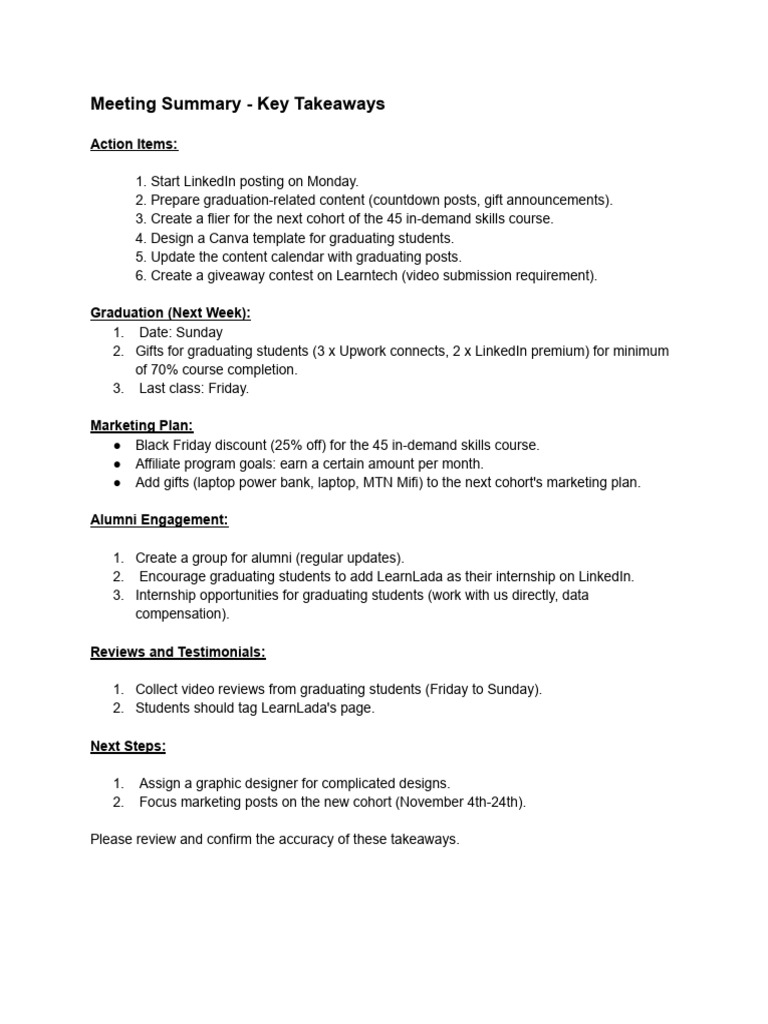 Meeting Summary: Graduation Action Items | PDF