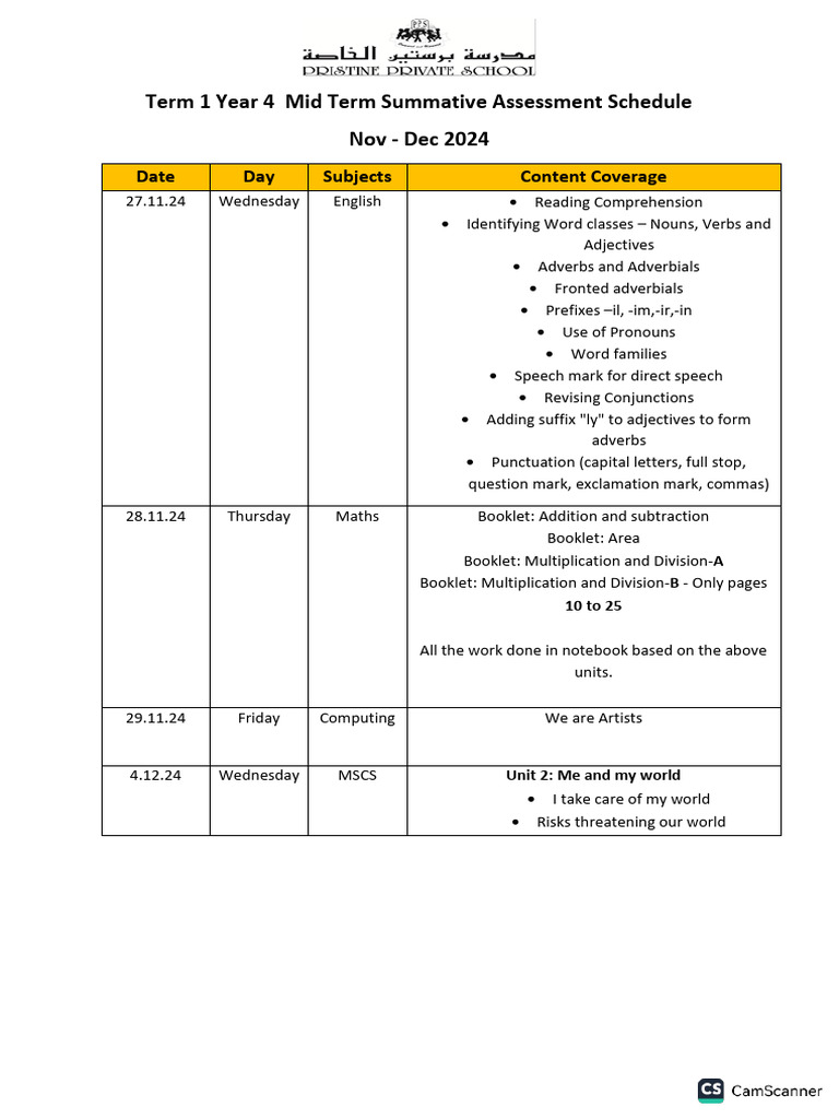 Yr 4 Mid Term Summative Assessments Nov - Dec 2024 | PDF | Part Of ...
