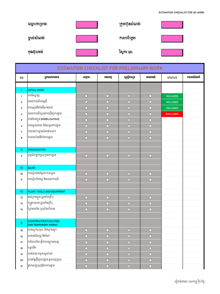 01. ESTIMATION CHECKLIST FOR PRELIMINARY WORK | PDF