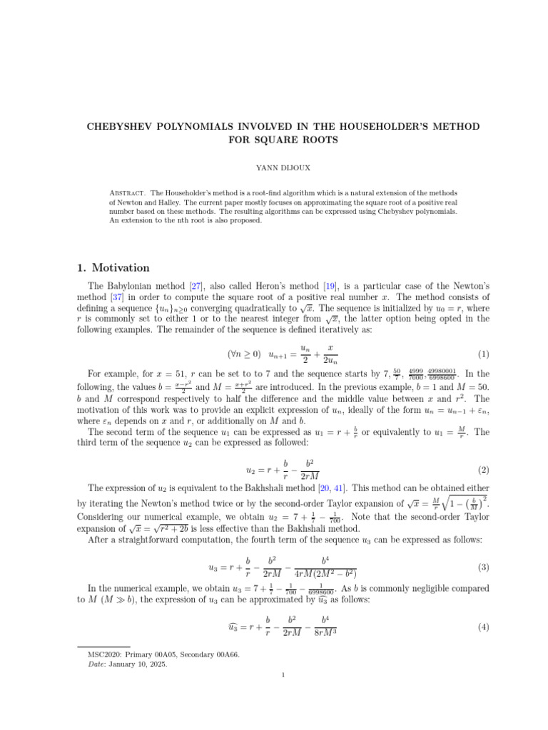 Chebyshev Polynomials Involved in The Householder's Method For Square Roots | PDF | Square Root ...