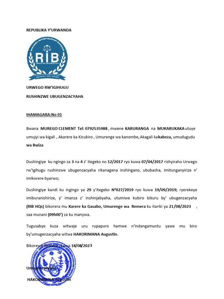 Urgent Summons from Rwandan Police | PDF