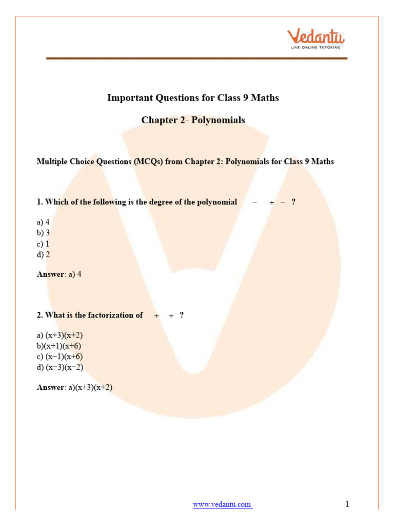 Class 9 Maths Chapter 2 Polynomials - Important Questions For CBSE ...