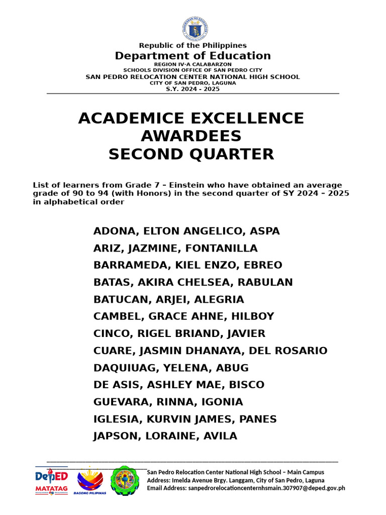 Academic Excellence Awardees 2Q | PDF
