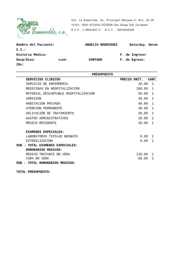 Presupuesto Médico para Angelis Rodríguez | PDF