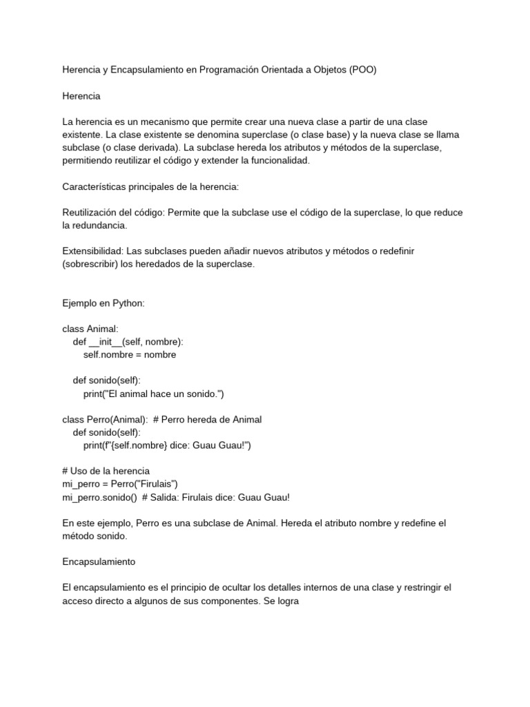Herencia y Encapsulamiento en Programación Orientada A Objetos (POO) | PDF