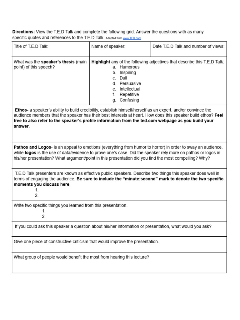AP Lang - TED Talk Analysis Form | PDF