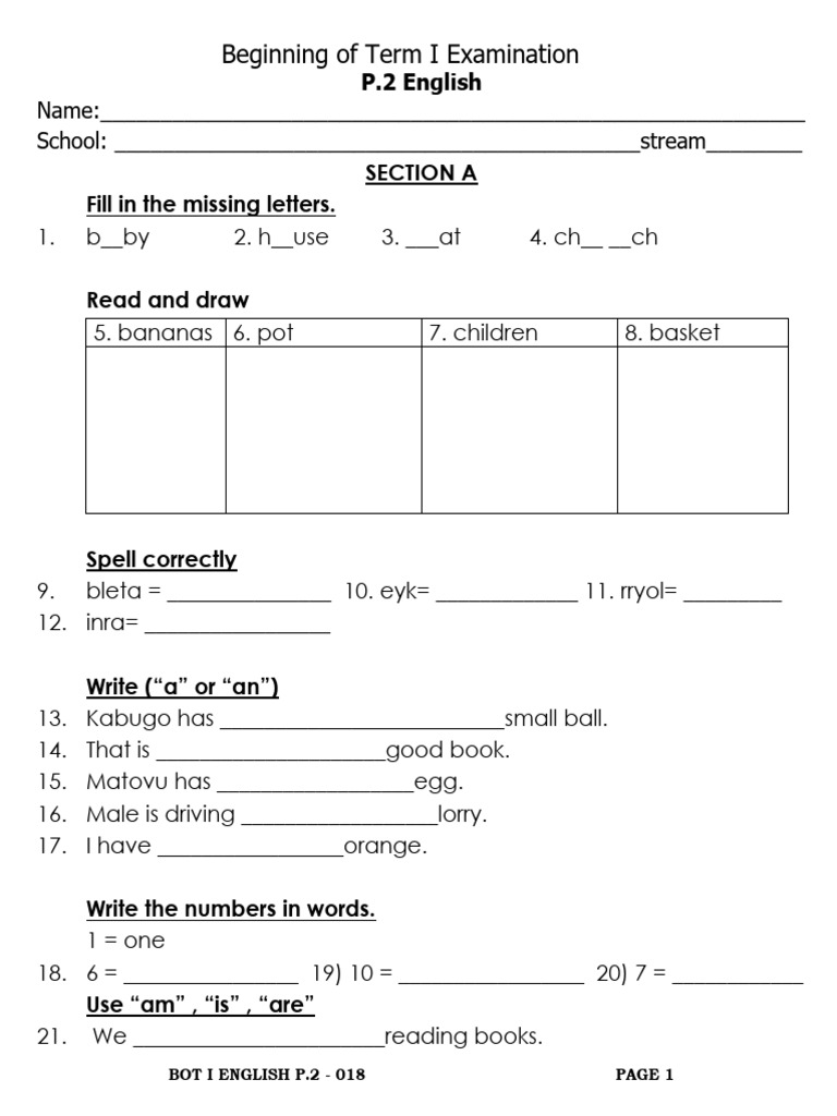 P - 2 English Beginning of Term I Examination | PDF