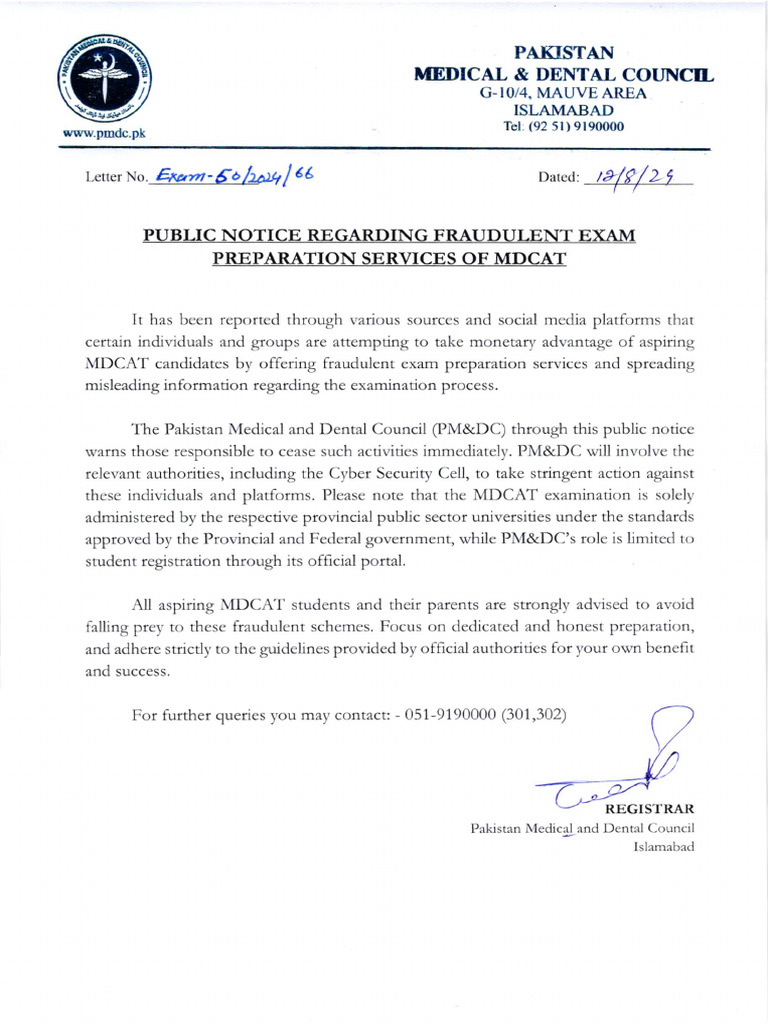 PMDC Warns of MDCAT Fraud Schemes | PDF