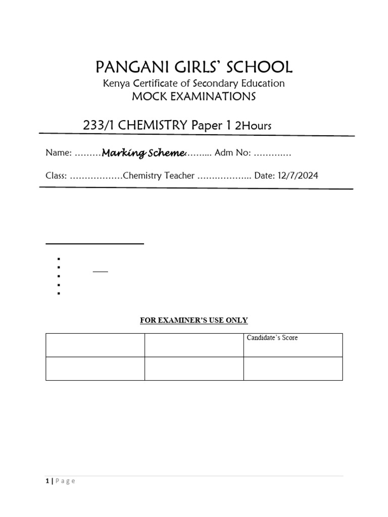 2024 Pangani Girls Mock CHEM-P1-Ms | PDF | Chlorine | Chemical Reactions