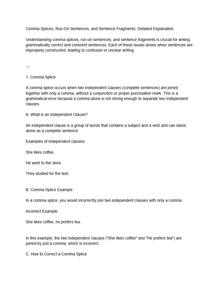 Comma Splices, Run-On Sentences, And Sentence Fragments | PDF | Comma ...