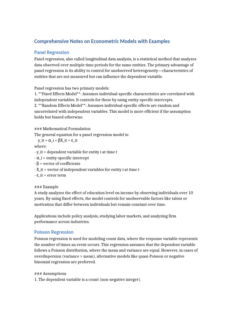 Comprehensive Econometric Models Summary Pdf Regression Analysis