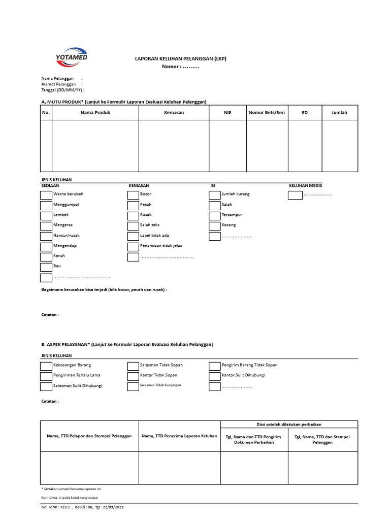 F23.1 Formulir Laporan Keluhan Pelanggan - XLSX - Sheet1 | PDF
