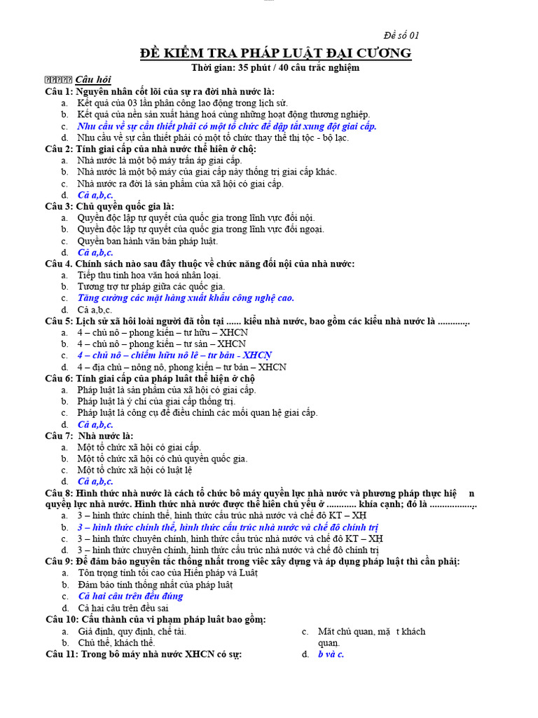 De Kiem Tra Trac Nghiem Mon Phap Luat Dai Cuong 146372 | PDF