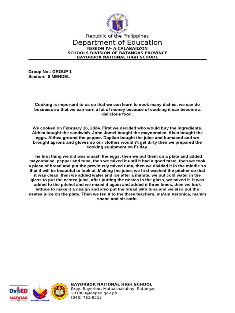 Narrative Report Group Meal Preparation | PDF