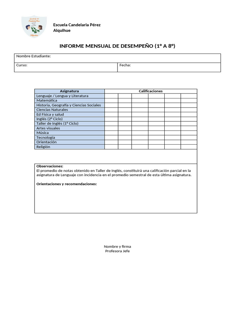 Informe De Notas Parciales Candelaria 1 Pdf