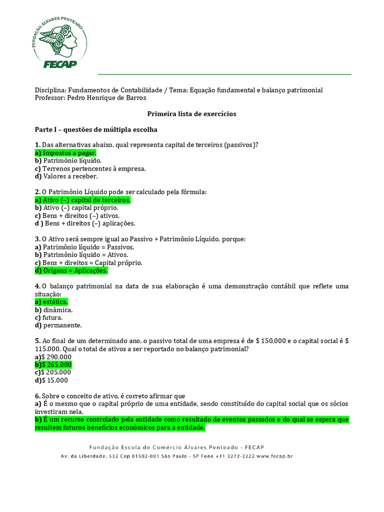 Primeira - Lista - de - Exercícios - Enunciado 1 | PDF | Contabilidade | Balancete