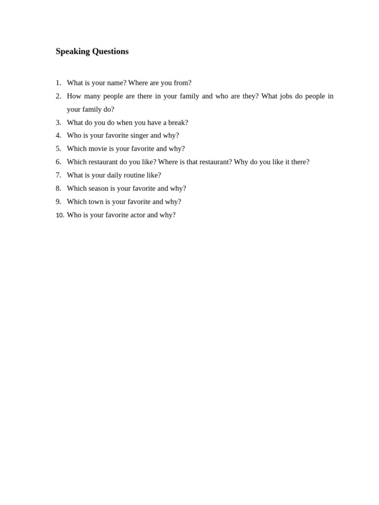 Starter Speaking Questions Guide | PDF