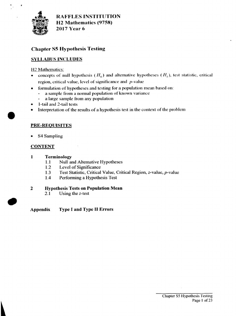 S5 Hypothesis Testing Notes | PDF