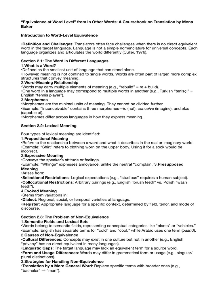 "Equivalence at Word Level" From in Other Words A Coursebook On | PDF | Word | Semantics