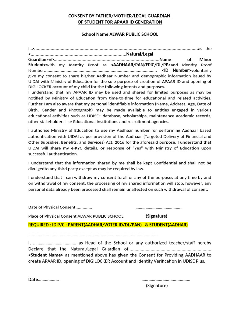 Consent Form APAAR ID | PDF | Justice | Crime & Violence