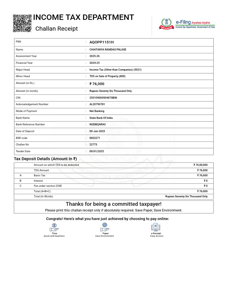 TDS CHALLAN ON PROPERTY CHAITANYA PALASE 76000 | PDF | Taxes | Receipt