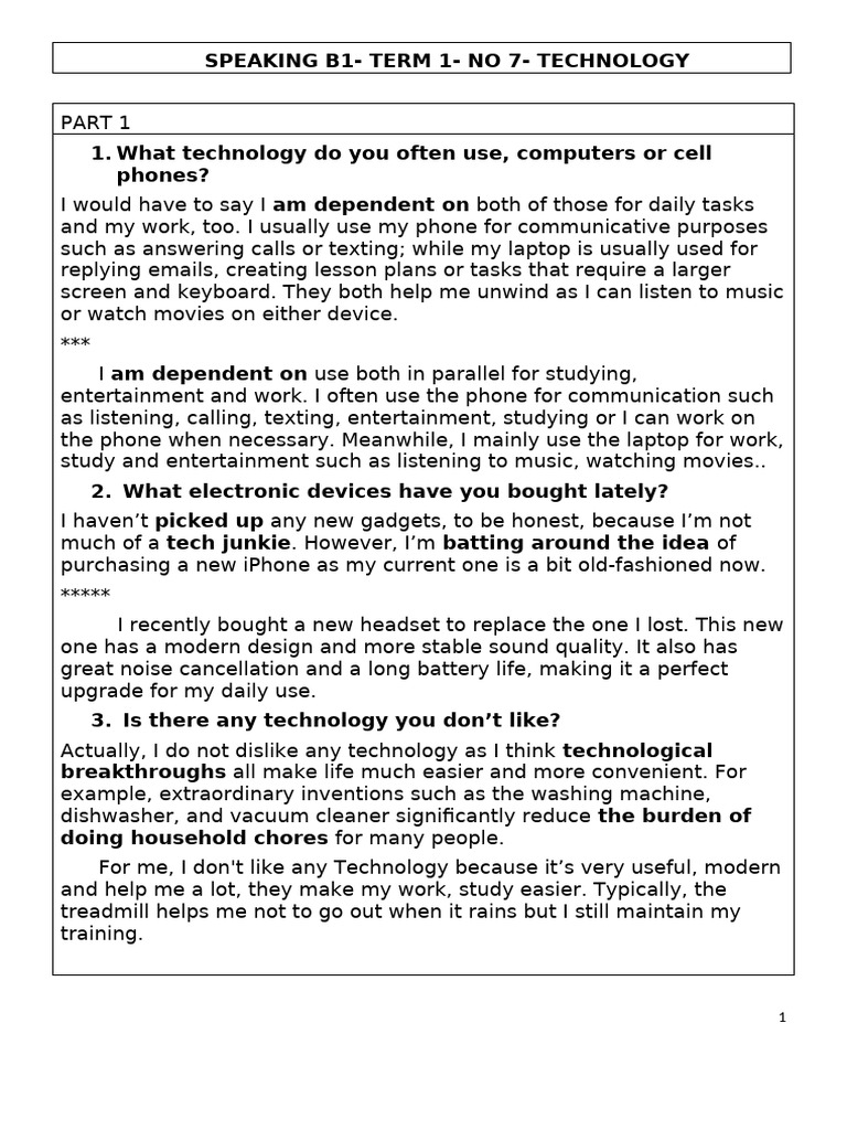 Speaking B1 - Term 1 - No 7 - Technology | PDF | Camera | Educational ...