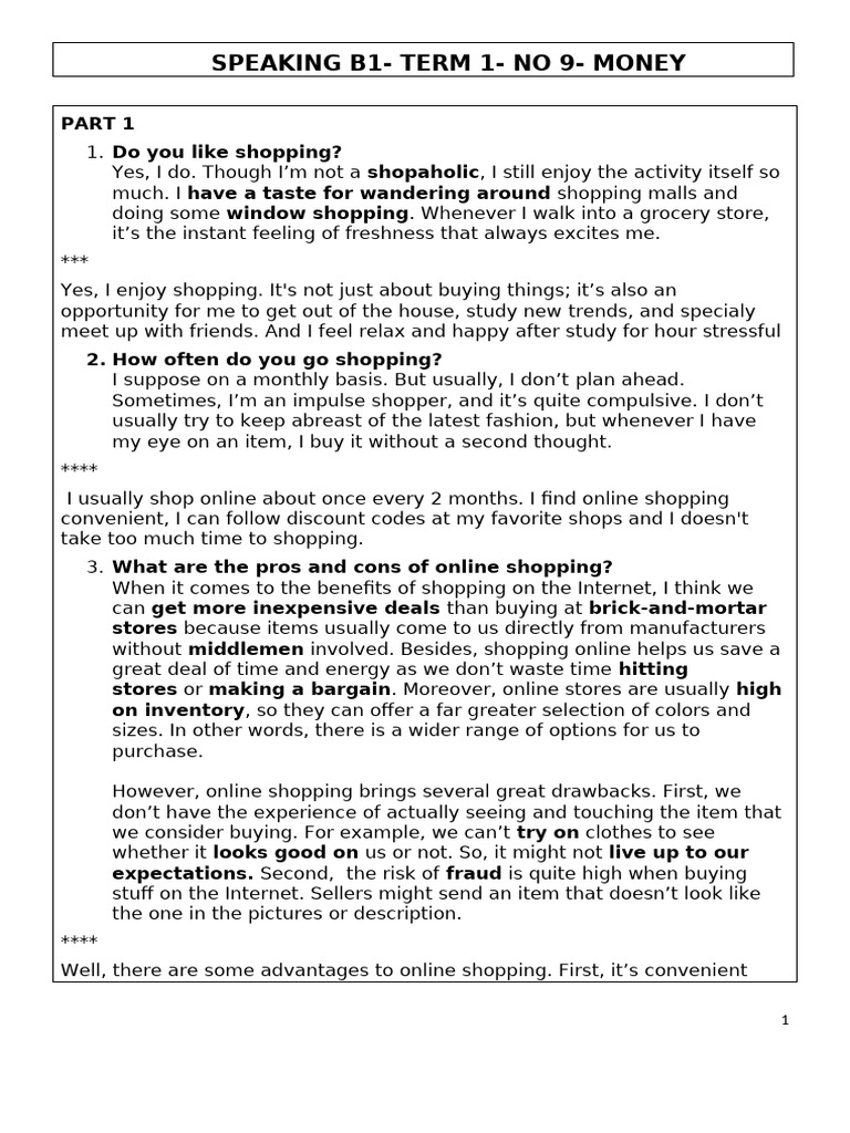 Speaking B1 - Term 1 - No 9 - Money | PDF | Online Shopping | Cash