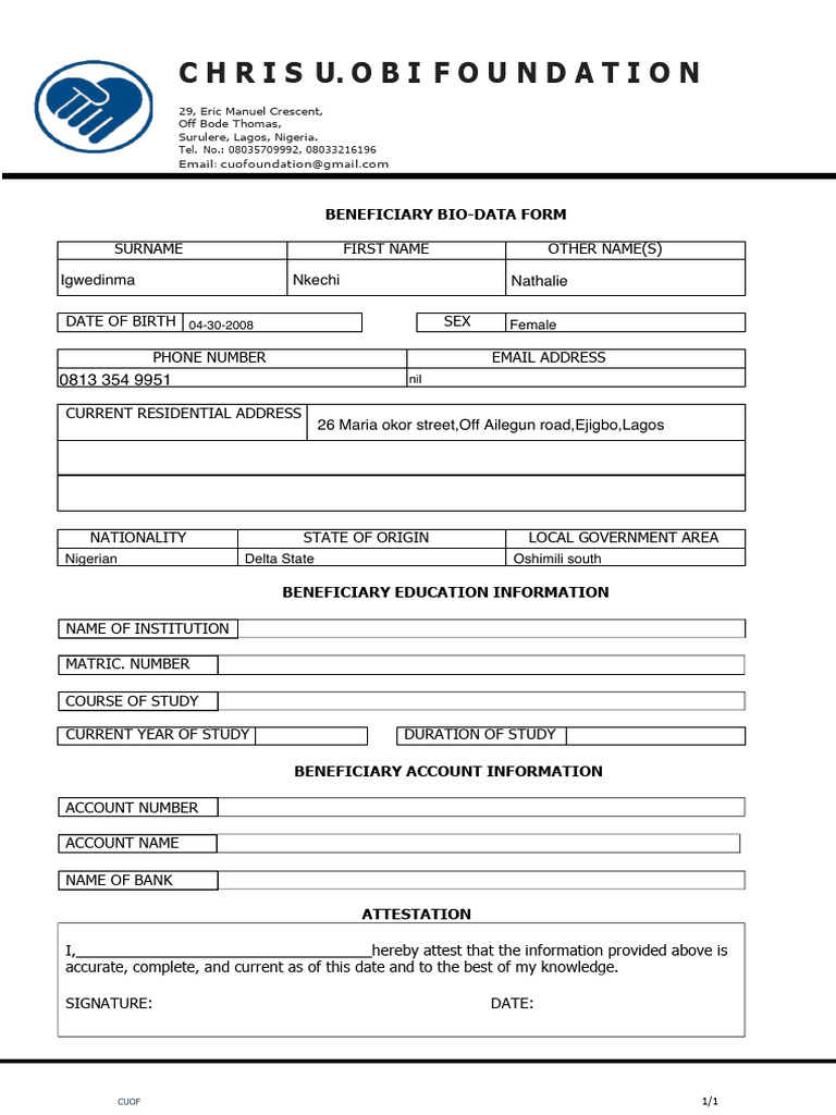 Scholarship Biodata Form | PDF
