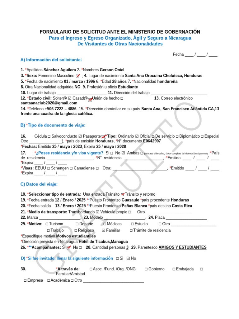 Formulario Nicaragua 2025 | PDF