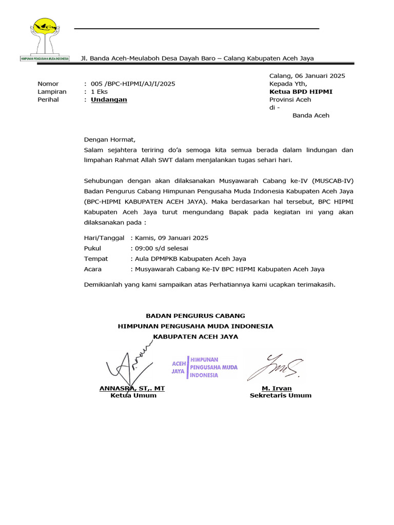 Undangan MUSCAB-IV BPC HIPMI Aceh Jaya | PDF
