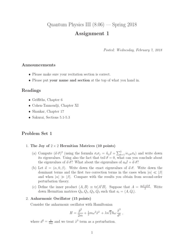 M.I.T QM-III Problem Sheet | PDF | Perturbation Theory (Quantum Mechanics) | Eigenvalues And ...