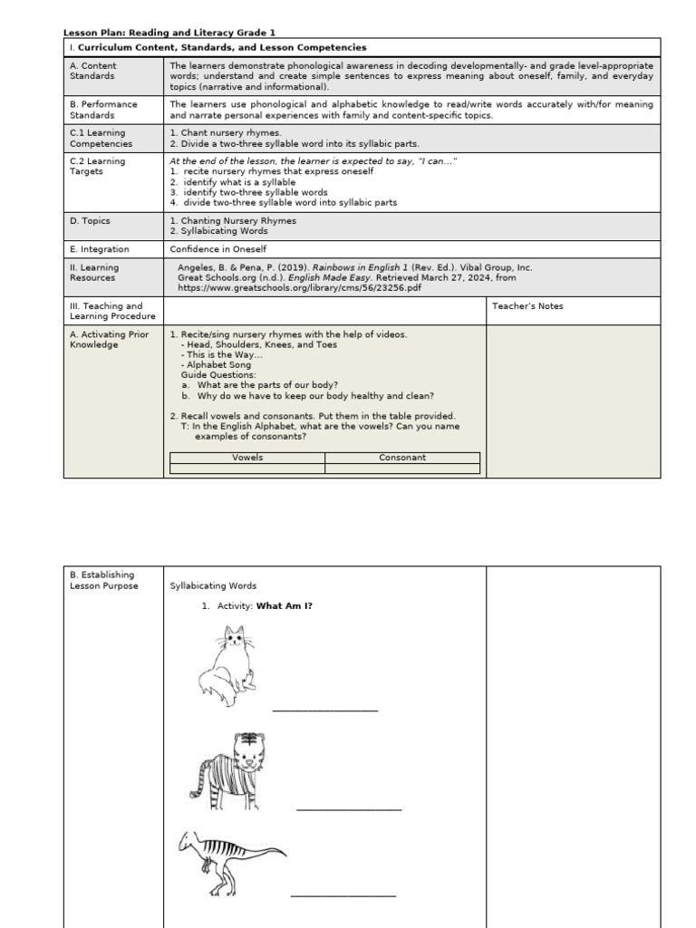 K To 6 Reading and Literacy Gr.1 Sample Lesson Plan | PDF | Syllable ...
