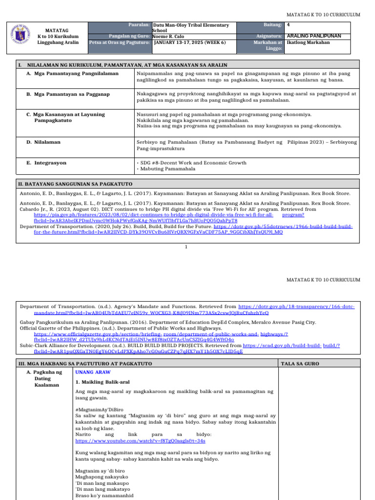 DLL Matatag - Araling Panlipunan 4 Q3 W6 | PDF