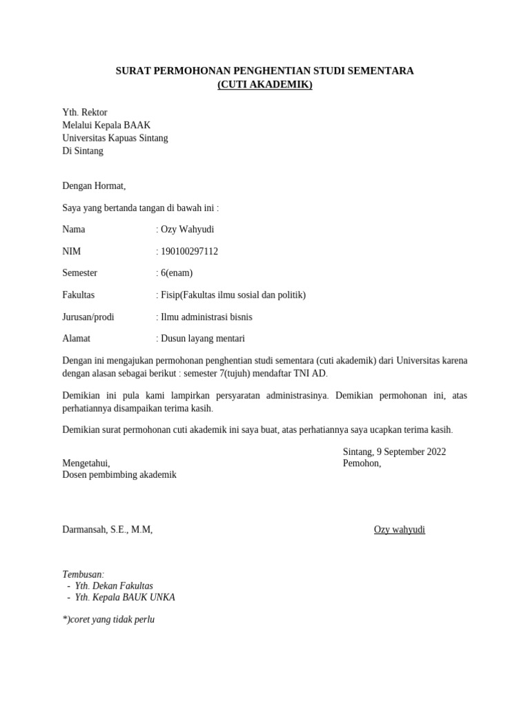 Contoh-Surat-Permohonan-Cuti-Akademik (1). ozy wahyudi | PDF