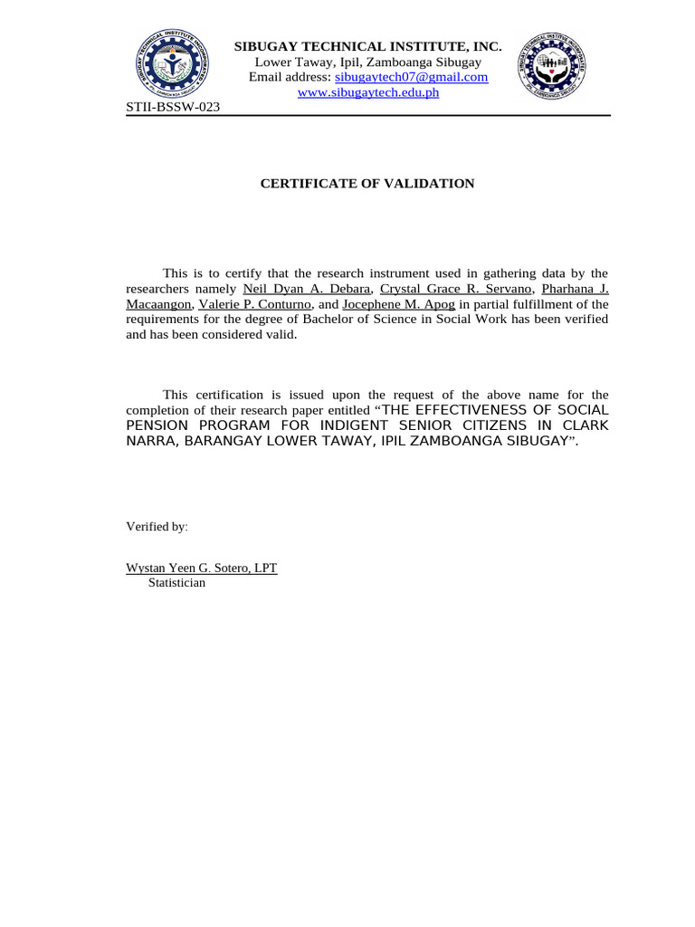 CERTIFICATE OF VALIDATION | PDF