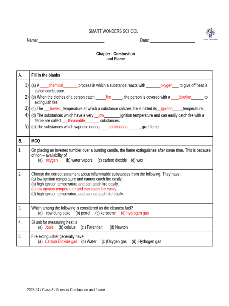 Combustion and Flame Worksheet | PDF | Combustion | Fires