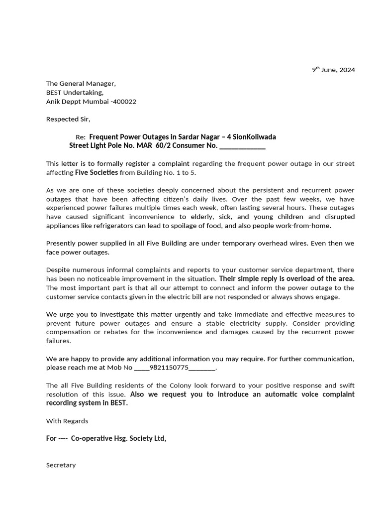 BEST Power Outage Complaint Letter (1) | PDF