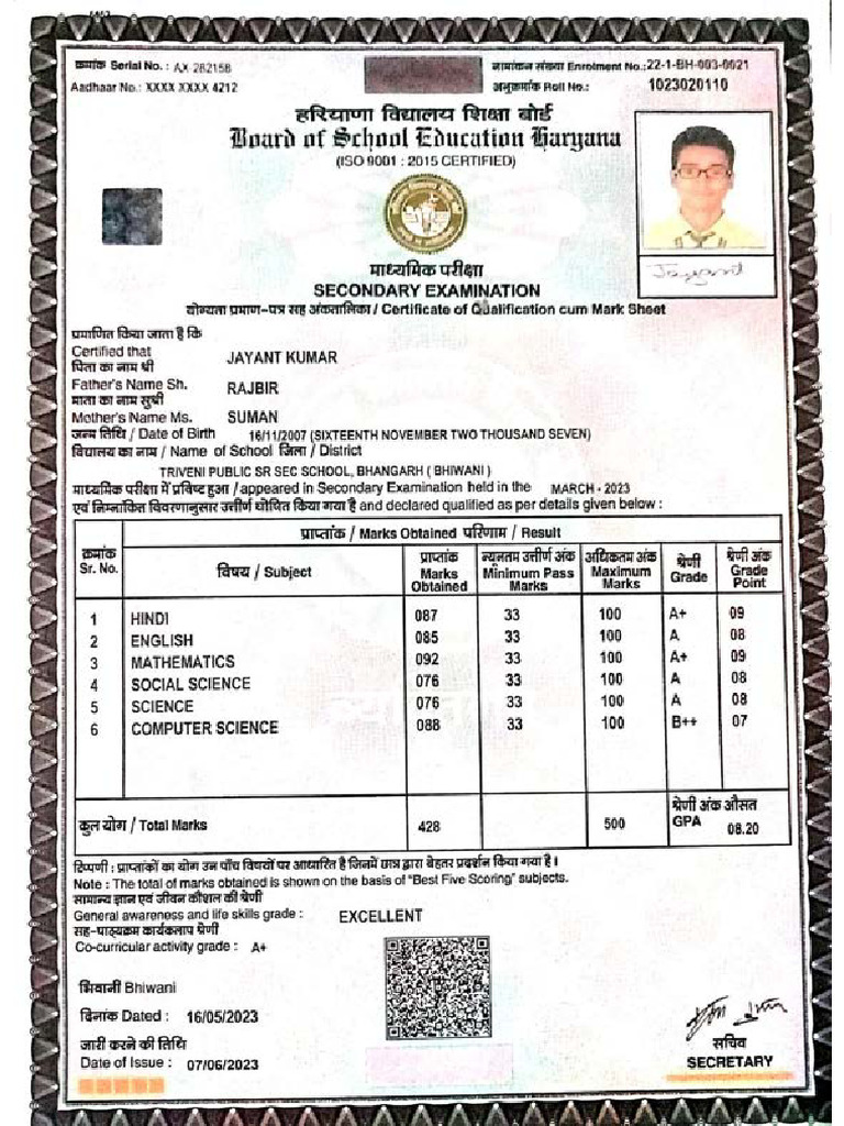 Jayant Kumar 10th Marksheet - Compressed-Compressed | PDF