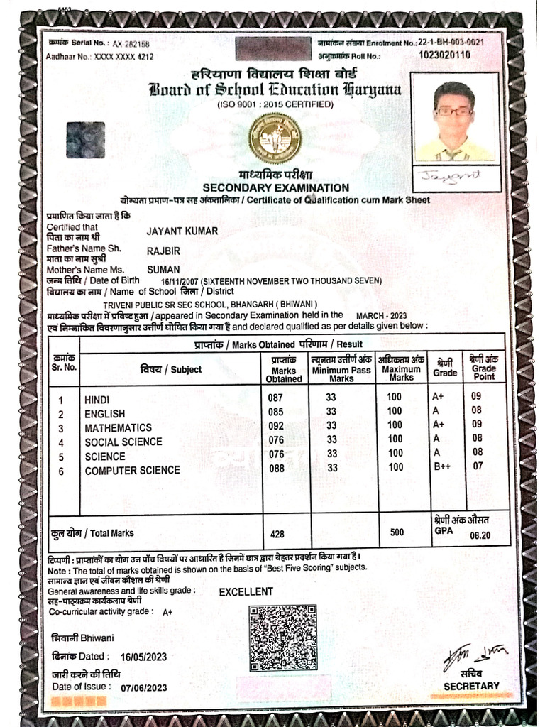 Jayant Kumar 10th Marksheet | PDF
