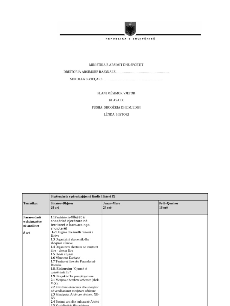 1.-HISTORIA-9-Plani-mësimor-vjetor | PDF