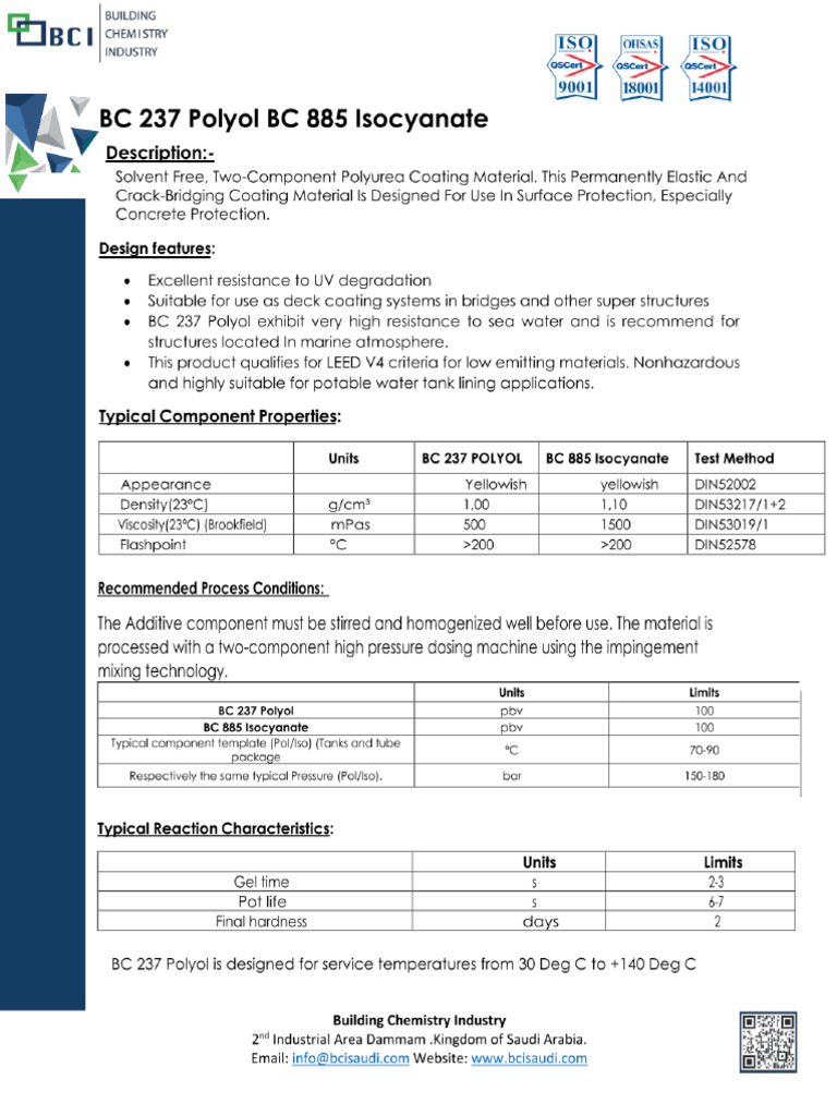BC 237 Polyol BC 885 Isocyanate | PDF