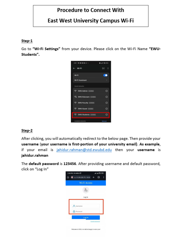 East West University Campus WiFi Connect Procedure (For Students) | PDF